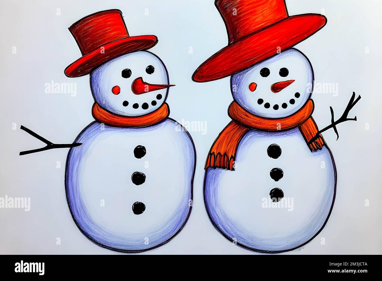 Two snowmen in hats and scarves isolated on white background. Children ...