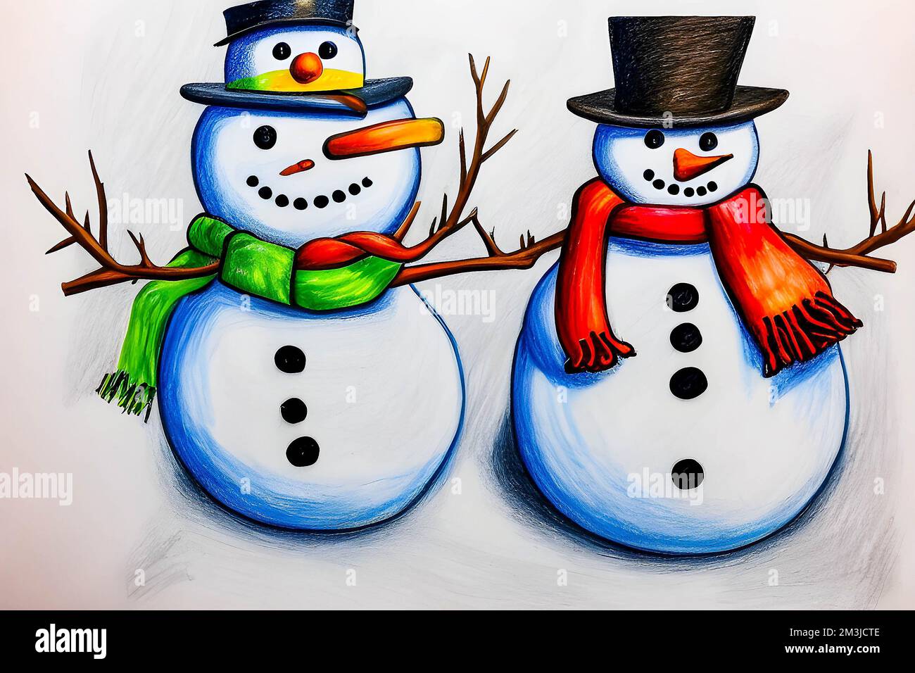 Two snowmen in hats and scarves isolated on white background. Children ...