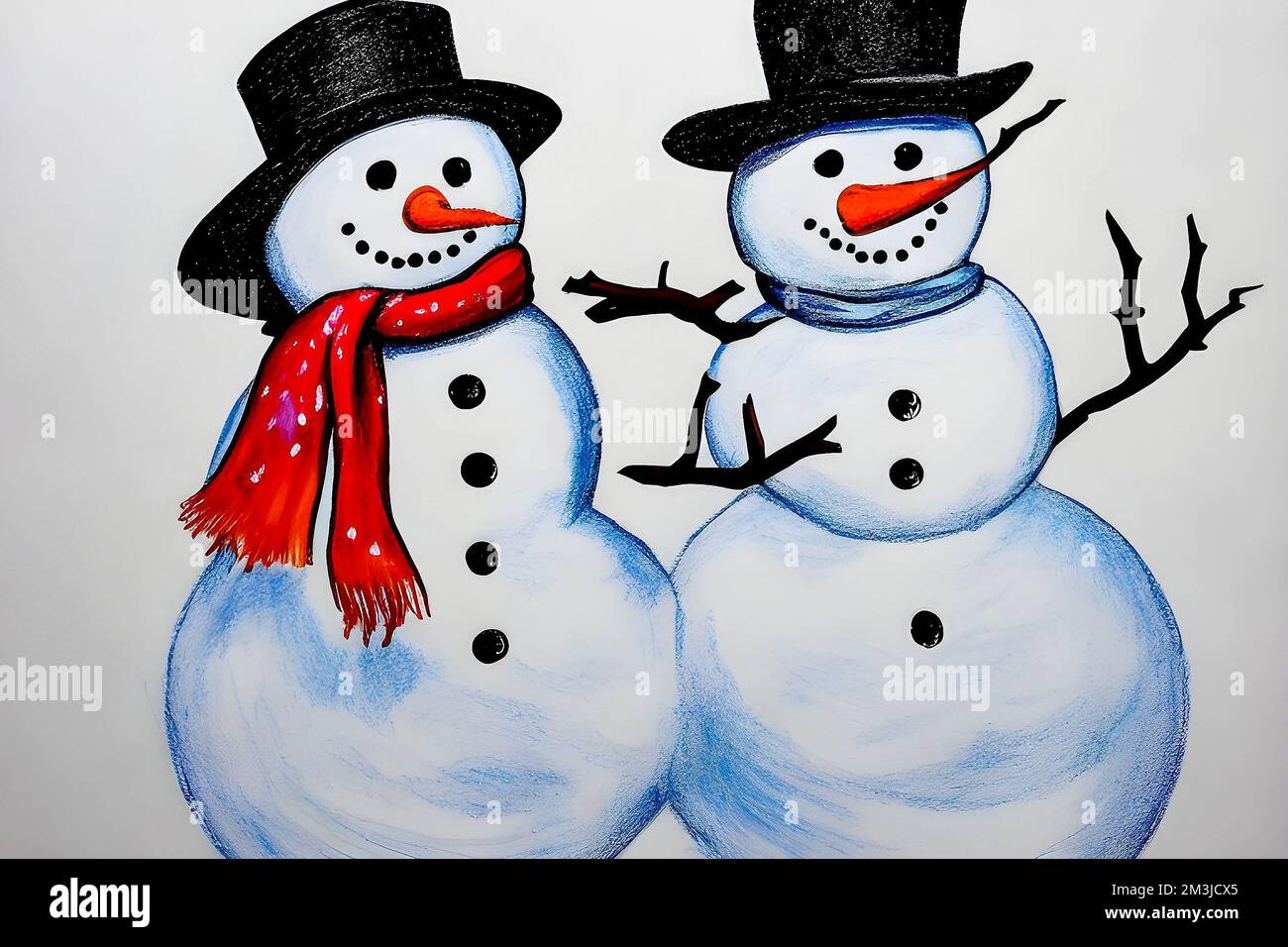Two snowmen in hats and scarves isolated on white background. Children ...
