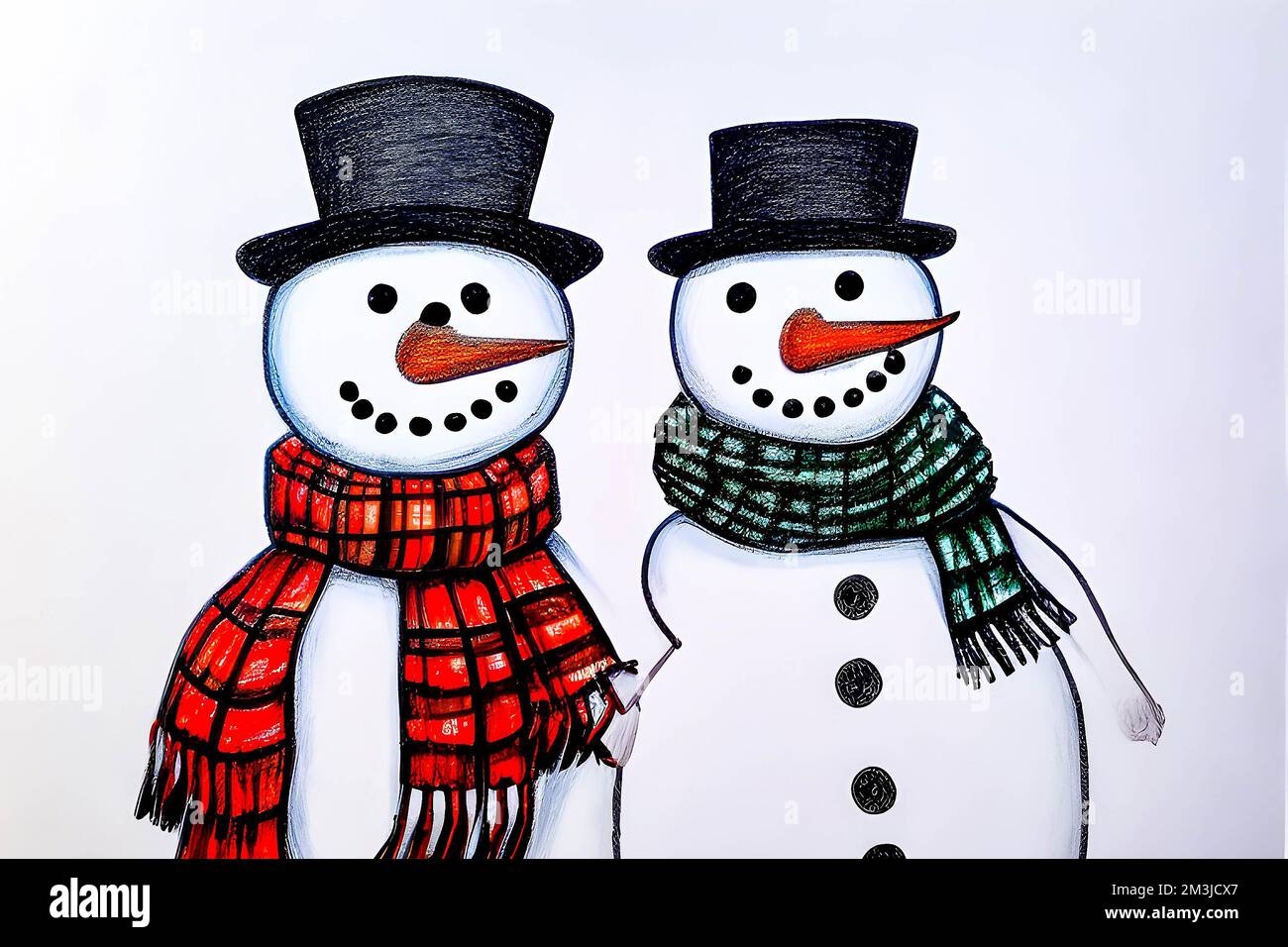 Two snowmen in hats and scarves isolated on white background. Children ...