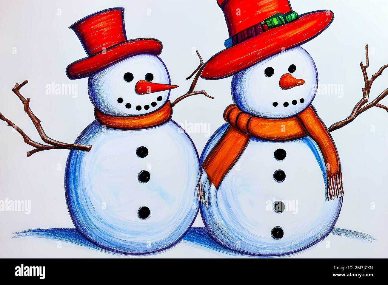 Two snowmen in hats and scarves isolated on white background. Children ...