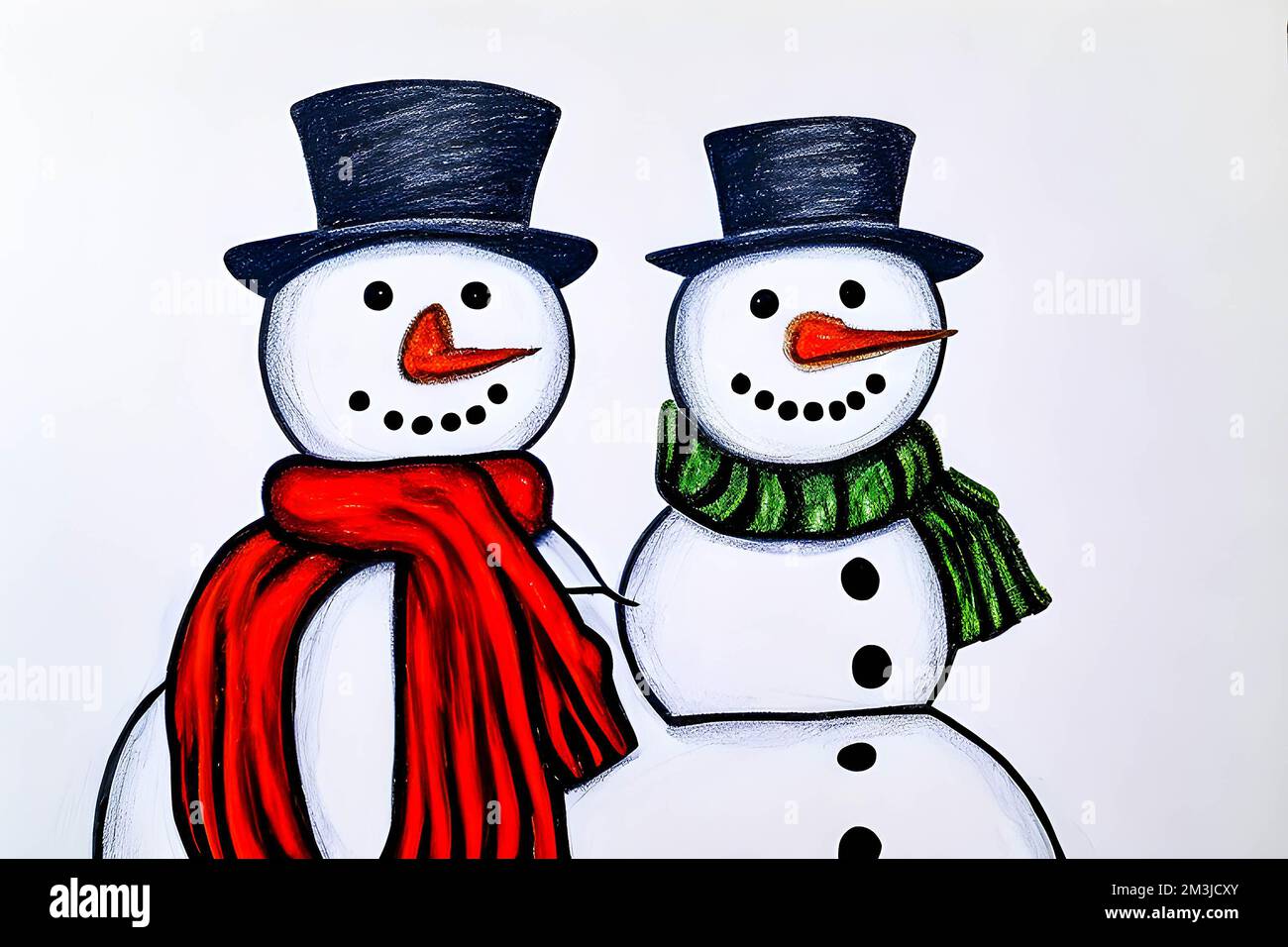 Two snowmen in hats and scarves isolated on white background Stock ...