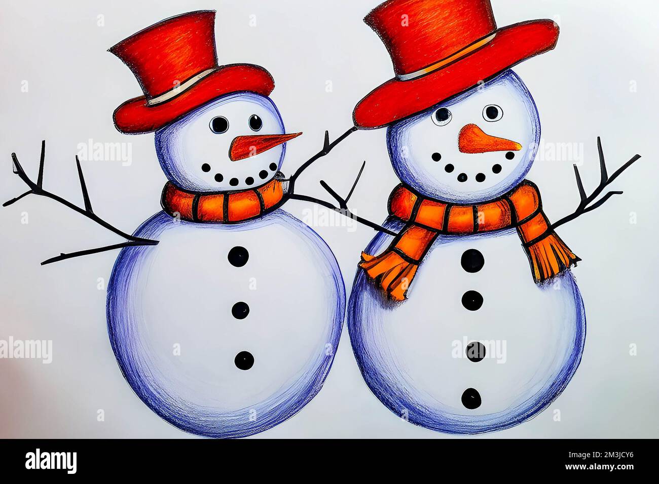 Two snowmen in hats and scarves isolated on white background Stock ...