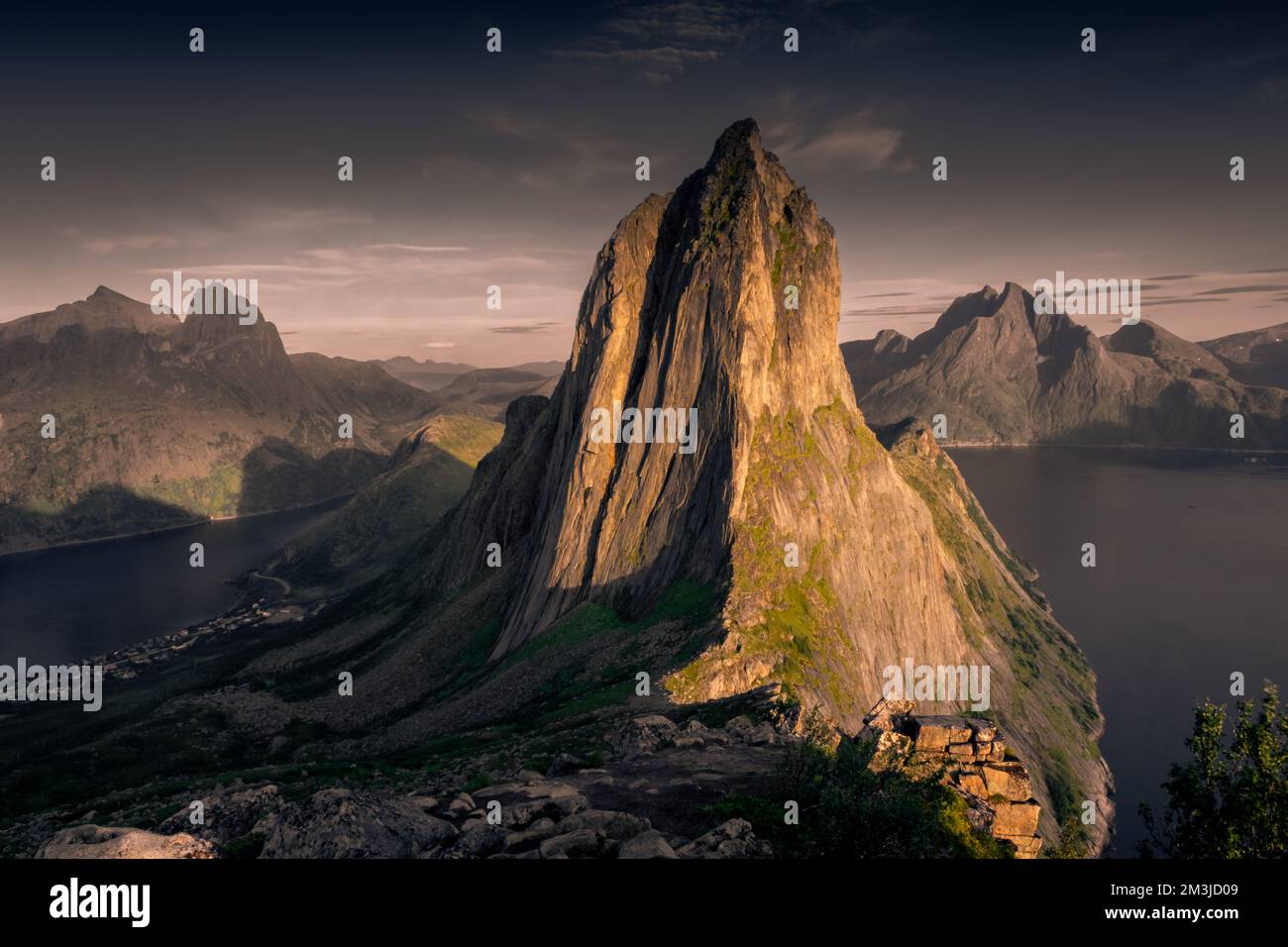 Epic dark landscape of Mount Segla viewed from Mount Hesten after ...