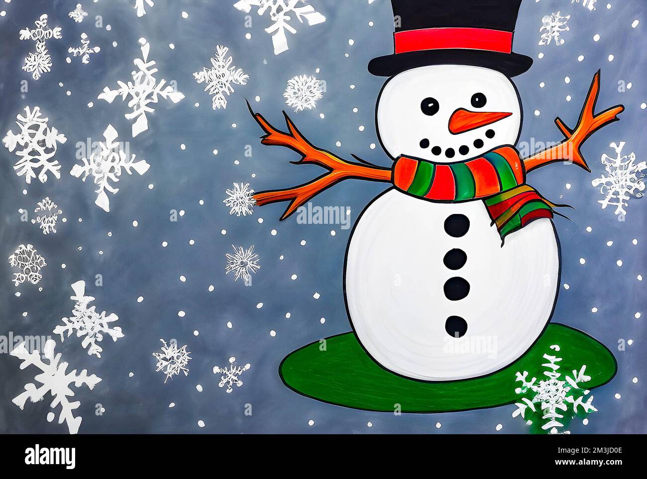 Snowman in a hat and scarf. Children's drawing with colored pencils ...