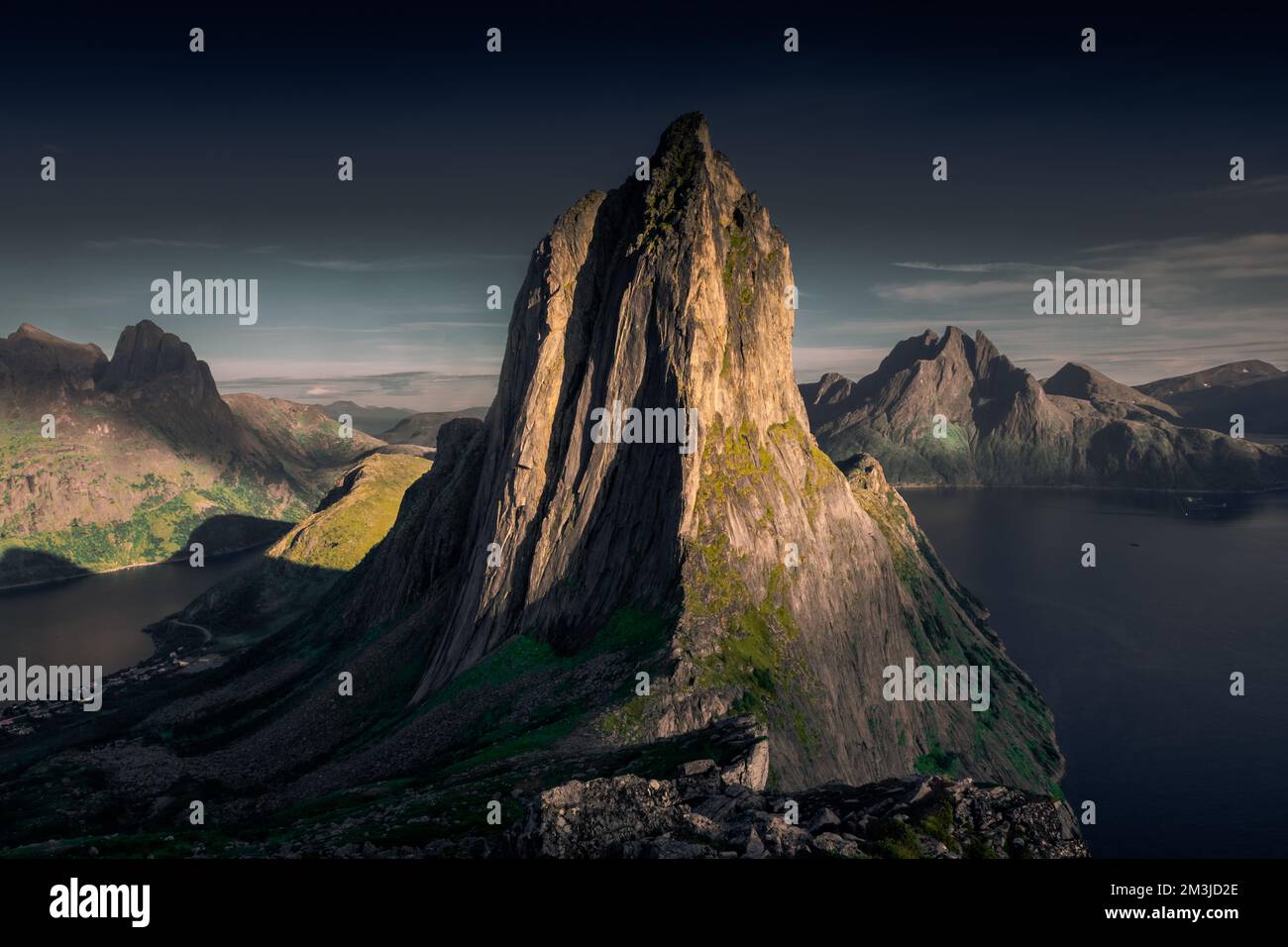 The epic Segla mountain viewed from Mount Hesten at sunset, Senja ...