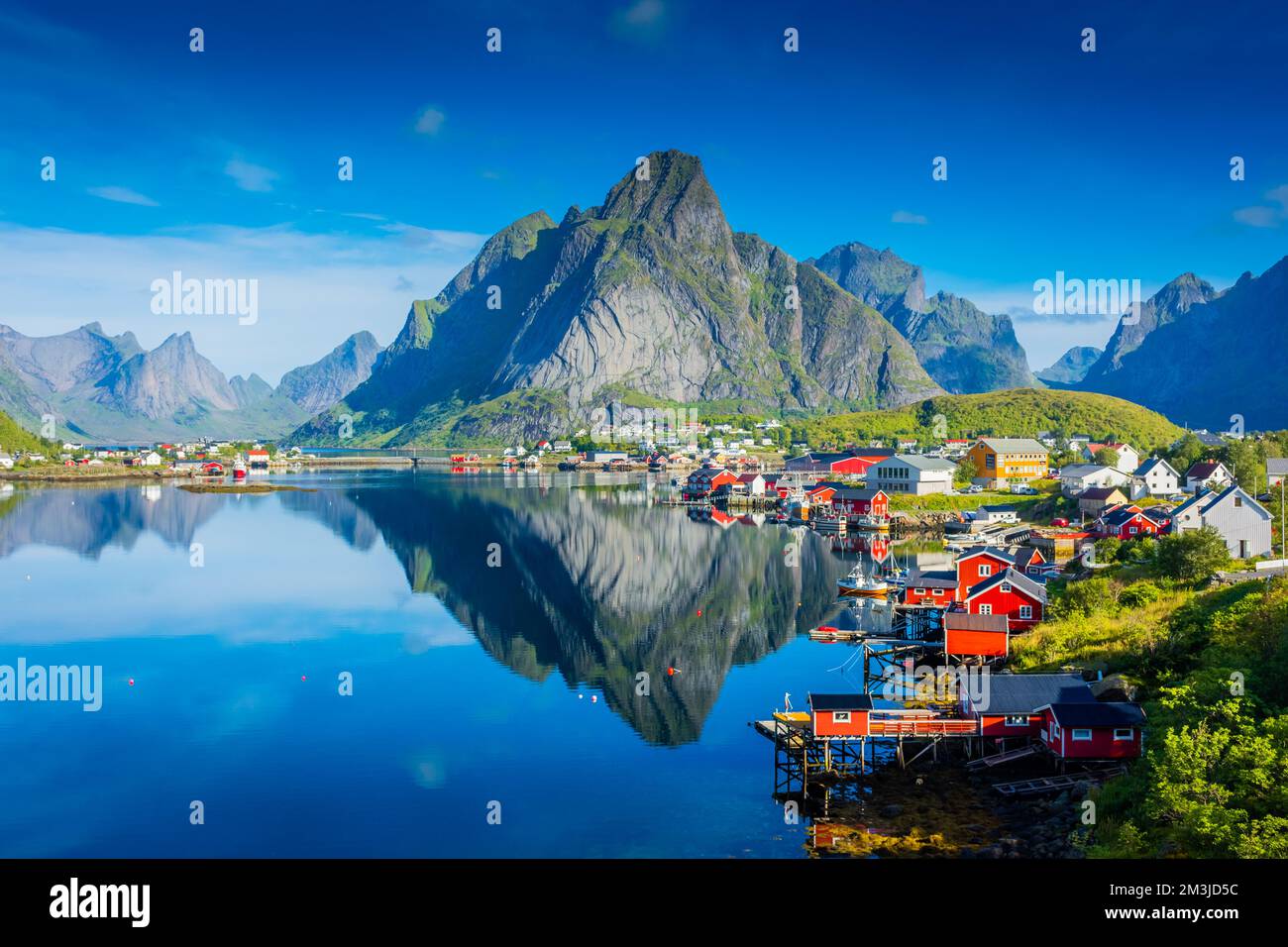 Perfect reflection of the Reine village on the water of the fjord in ...