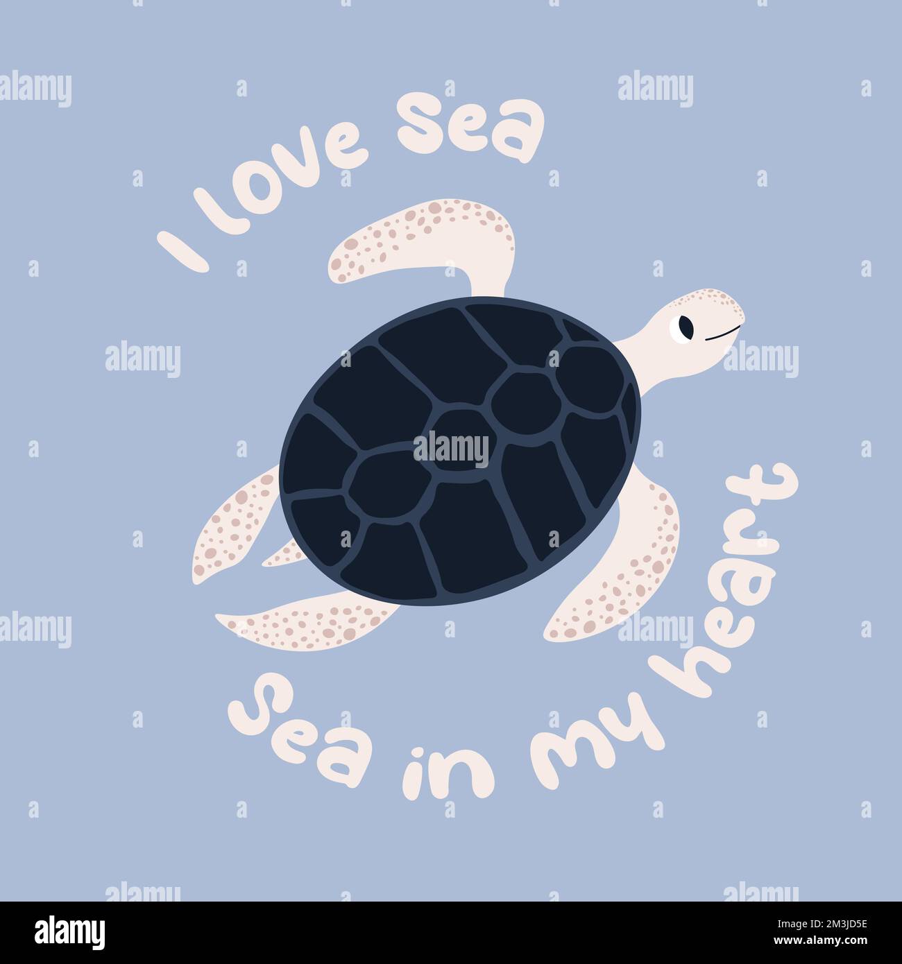 Vector ocean illustration with turtle. I love sea,sea in my heart ...