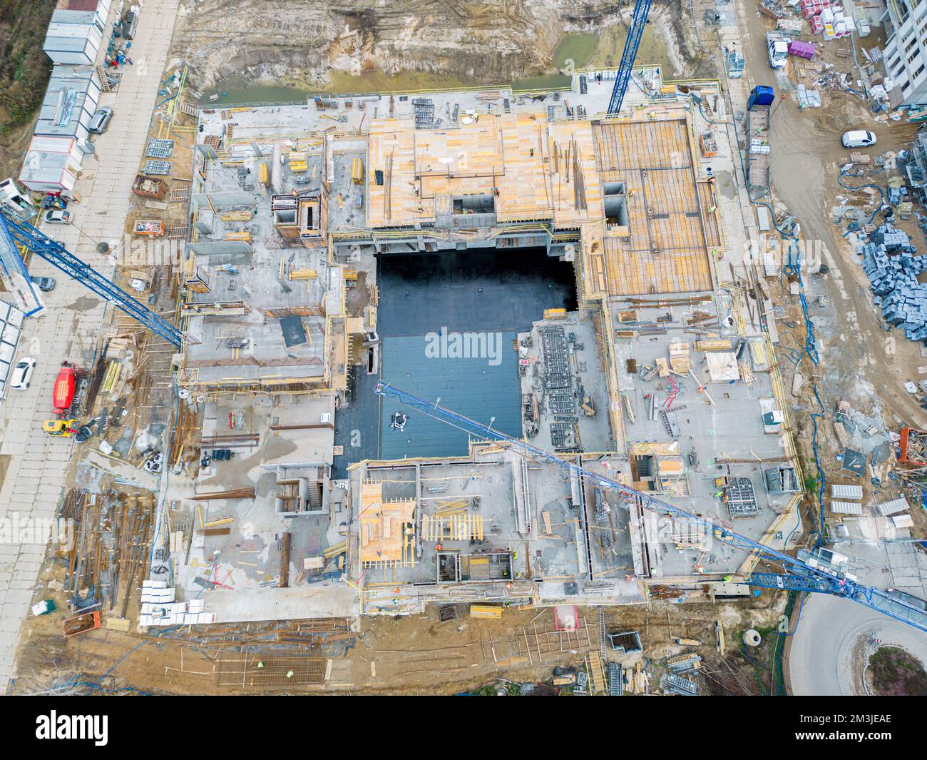 Aerial view of construction site with crane and building. Top vi Stock ...