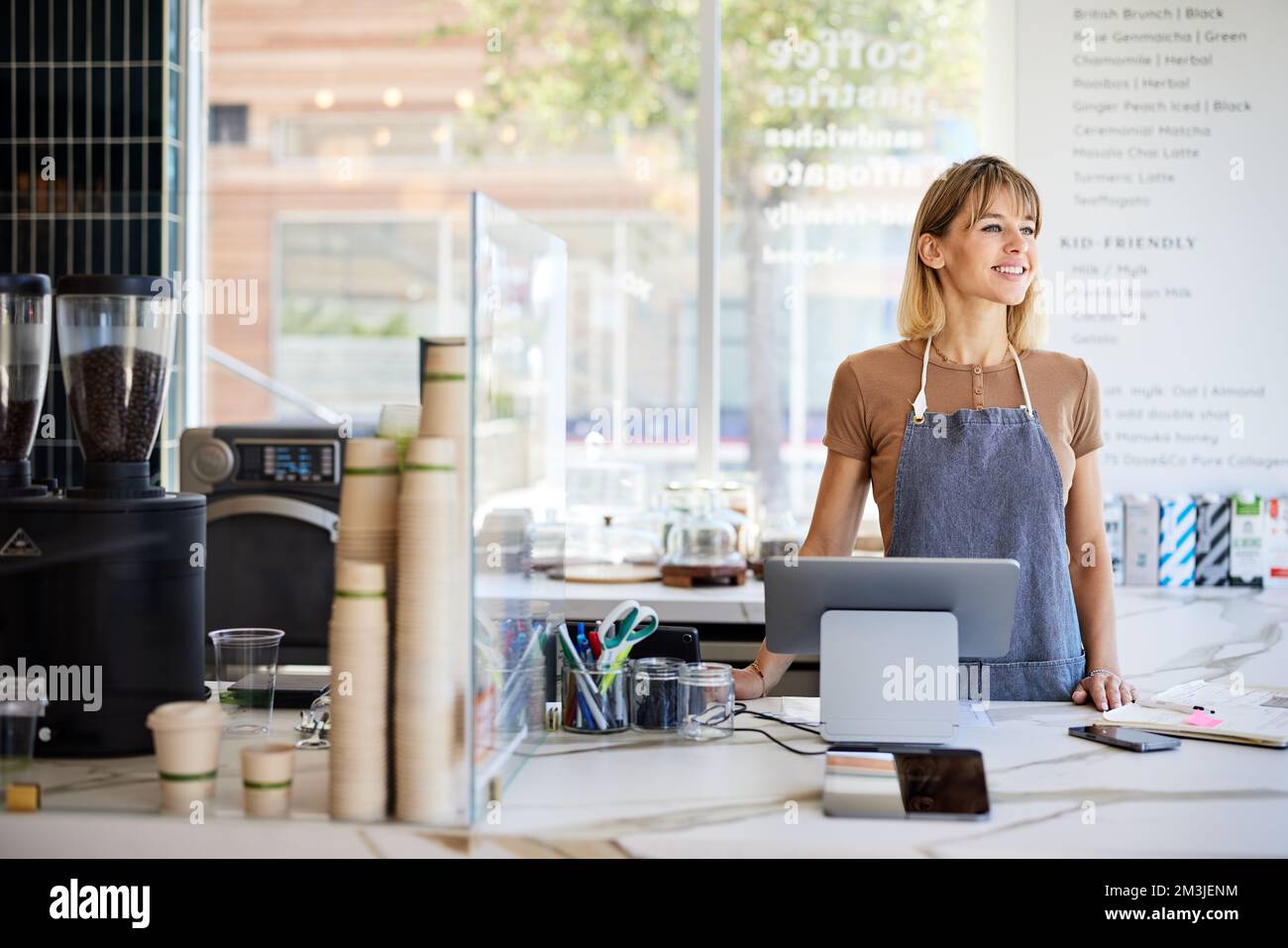 Smiling blond female owner at checkout counter in coffee shop Stock ...