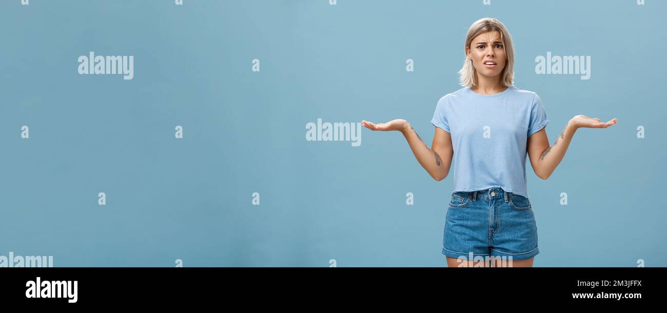 Girl feeling struggles to understand what happening. Confused perplexed ...