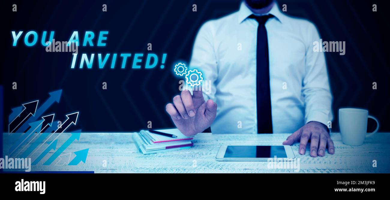 Text caption presenting You Are Invited. Business concept Receiving and ...