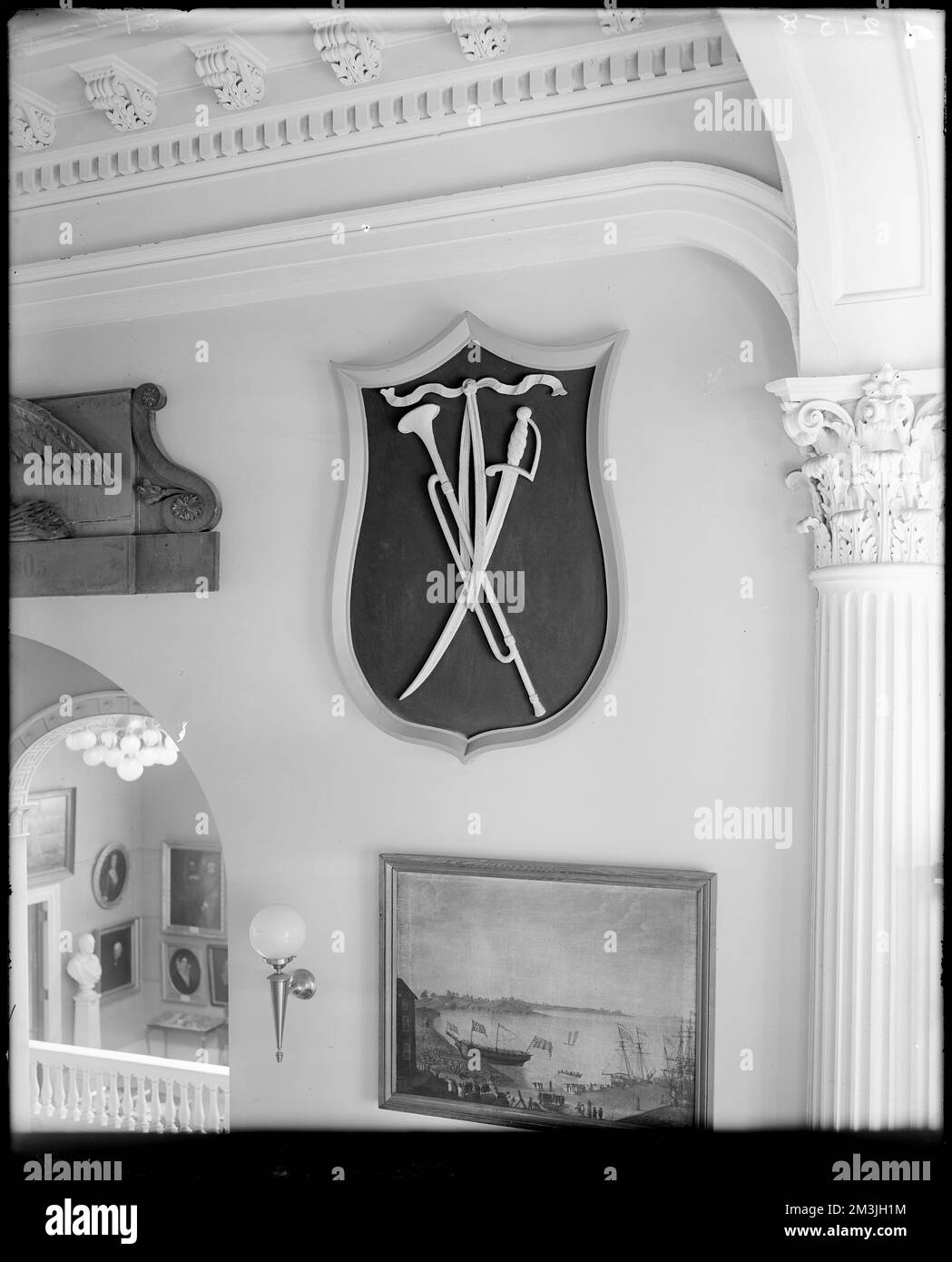 Objects, carving, shield with sword, musical instruments, McIntire ...