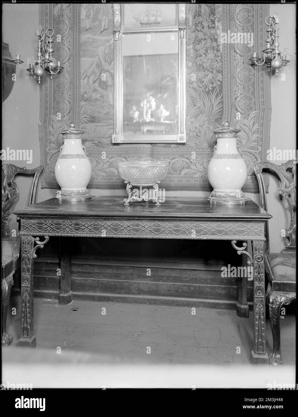 Objects, furniture, Chippendale table, mirror, and candle holders ...