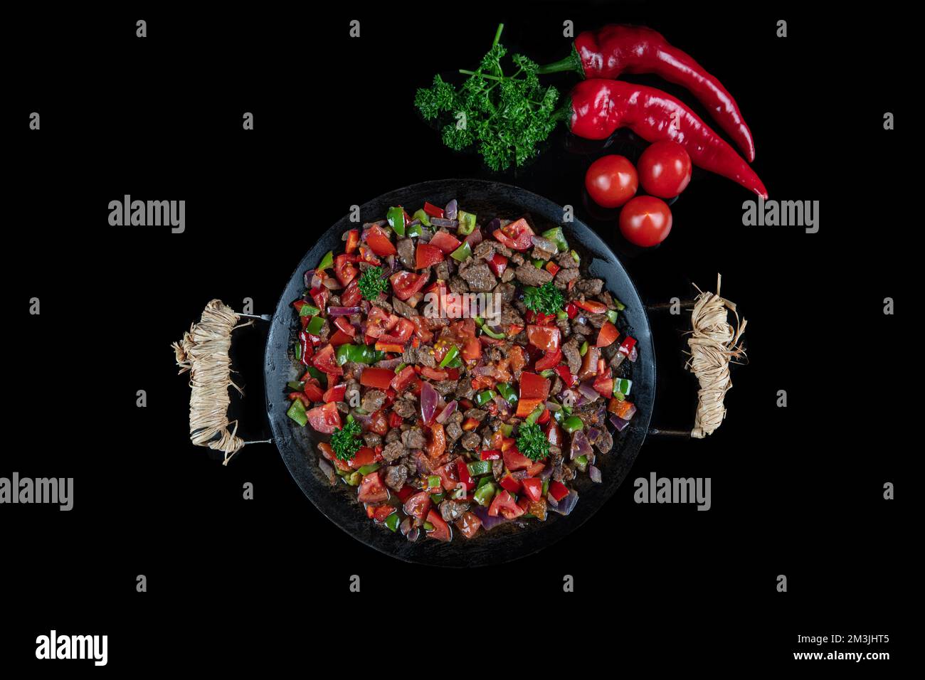 Turkish Food Et Kavurma. Meat Saute Turkish Et sote on black ground ...