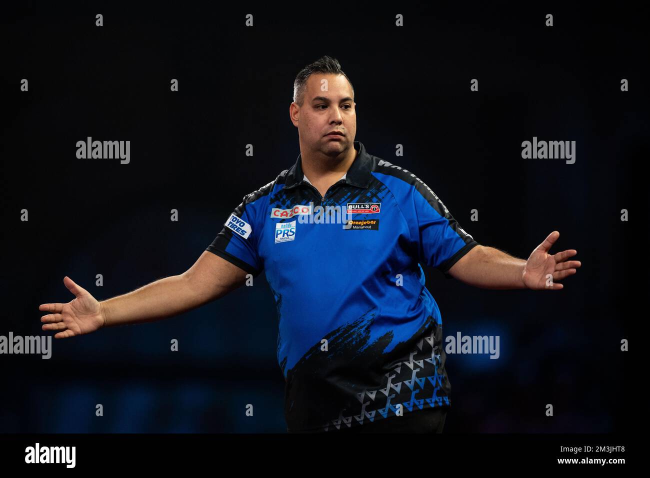 Jermaine Wattimena reacting during day one of the Cazoo World Darts ... Jermaine Wattimena reacting during day one of the Cazoo World Darts ...