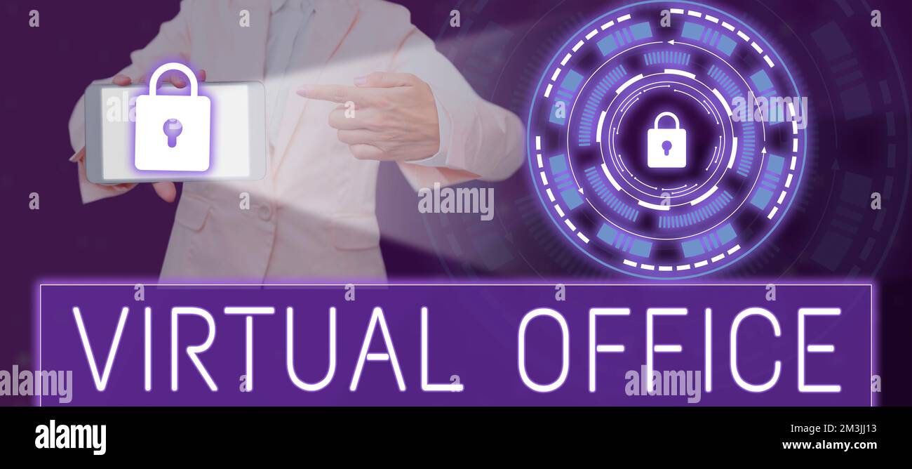 Sign displaying Virtual Office. Business overview Mobile work ...