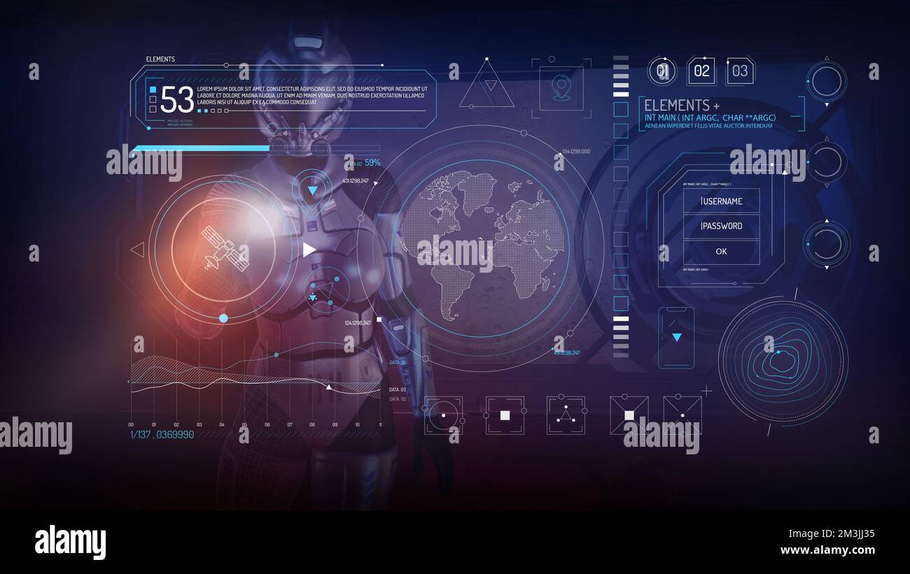 Infographic virtual panel with data on geolocation and satellite ...