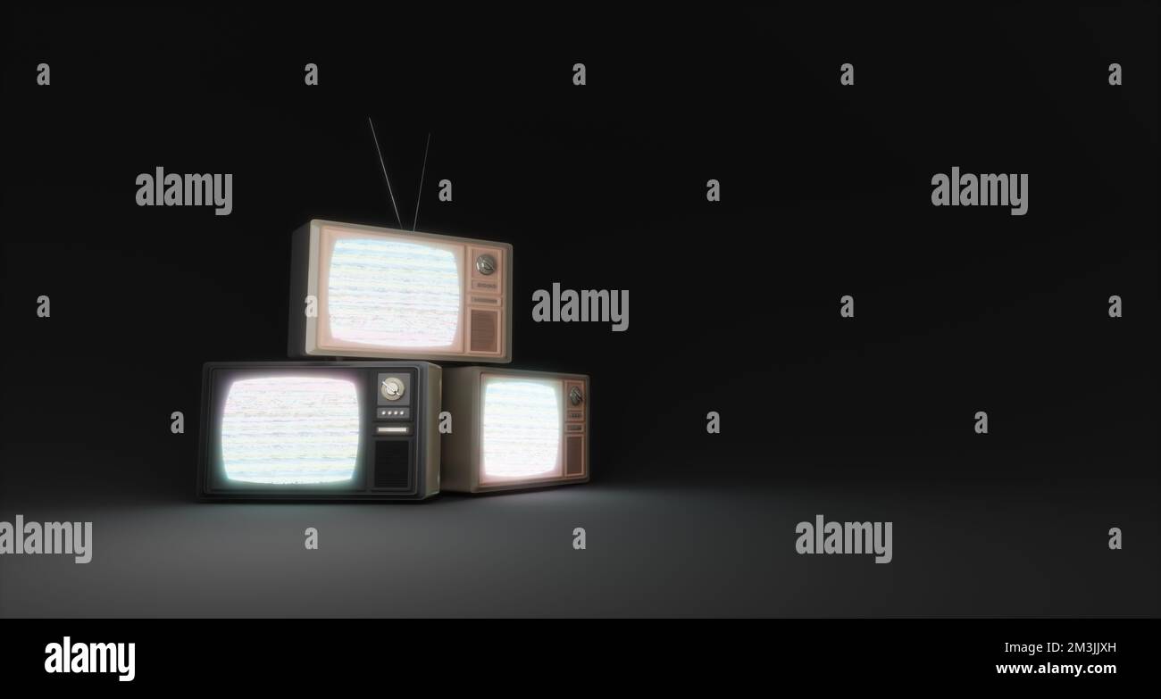 Vintage television sets with noise glitch screens in black background ...