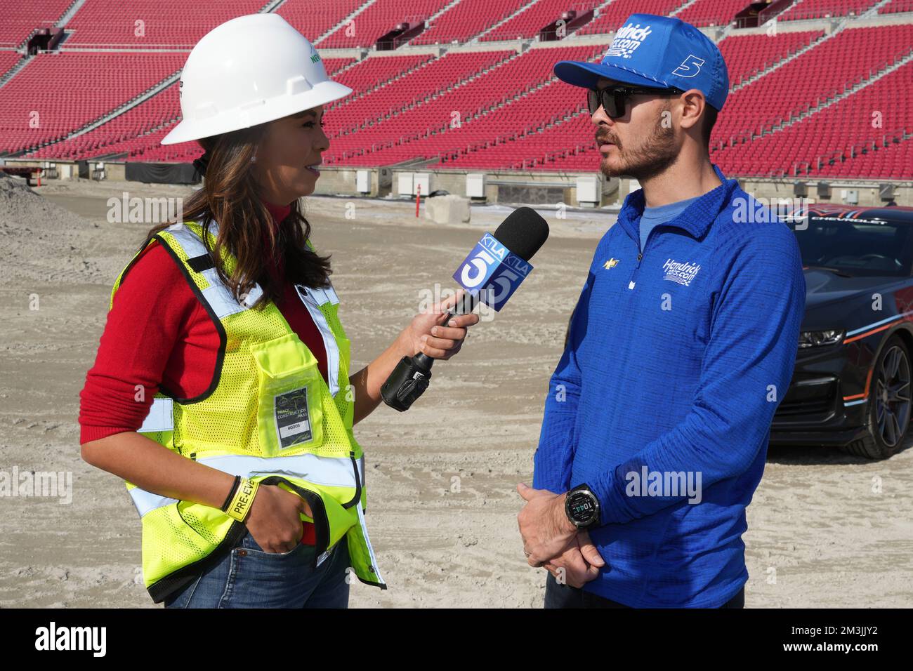 KTLA 5 Morning News female reporter Erin Myers (left) interviews NASCAR ...