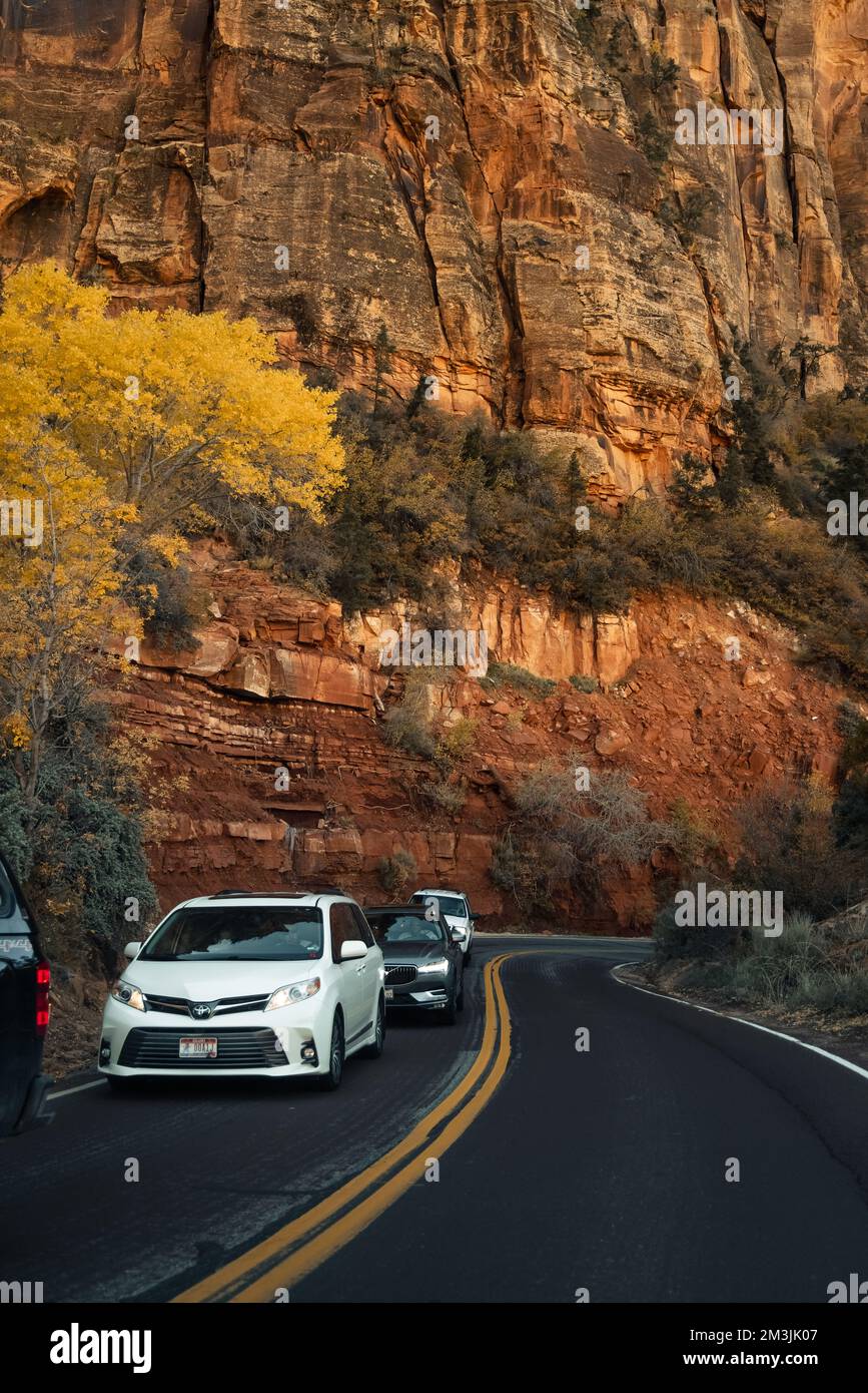 People waiting in line to exit Zion National Park in Utah on the east ...