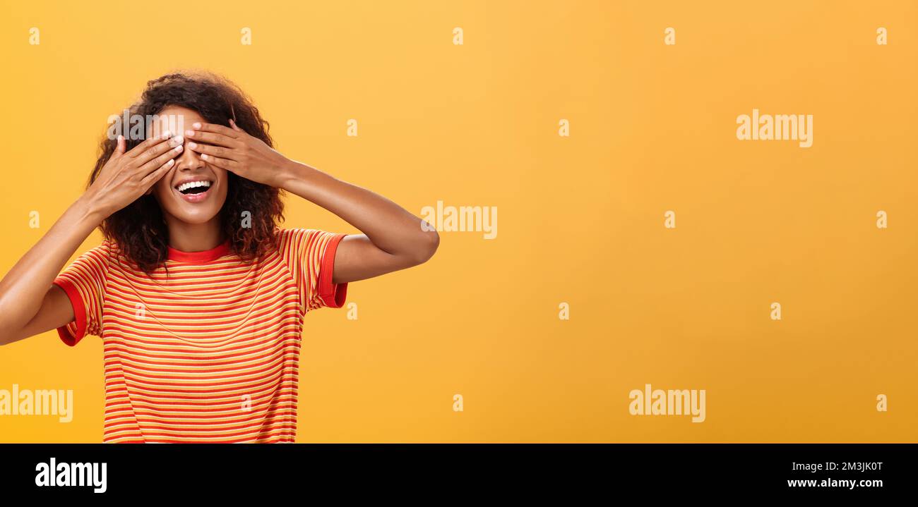 Closing my eyes and counting ten. Portrait of charming dreamy and happy ...