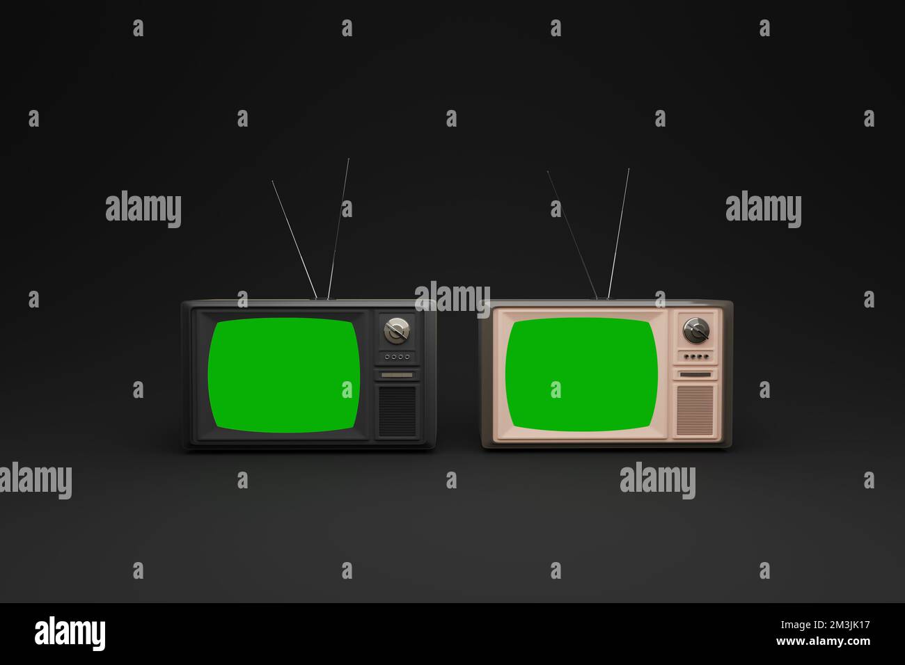 Vintage television sets with chromakey screens in black background, 3d ...
