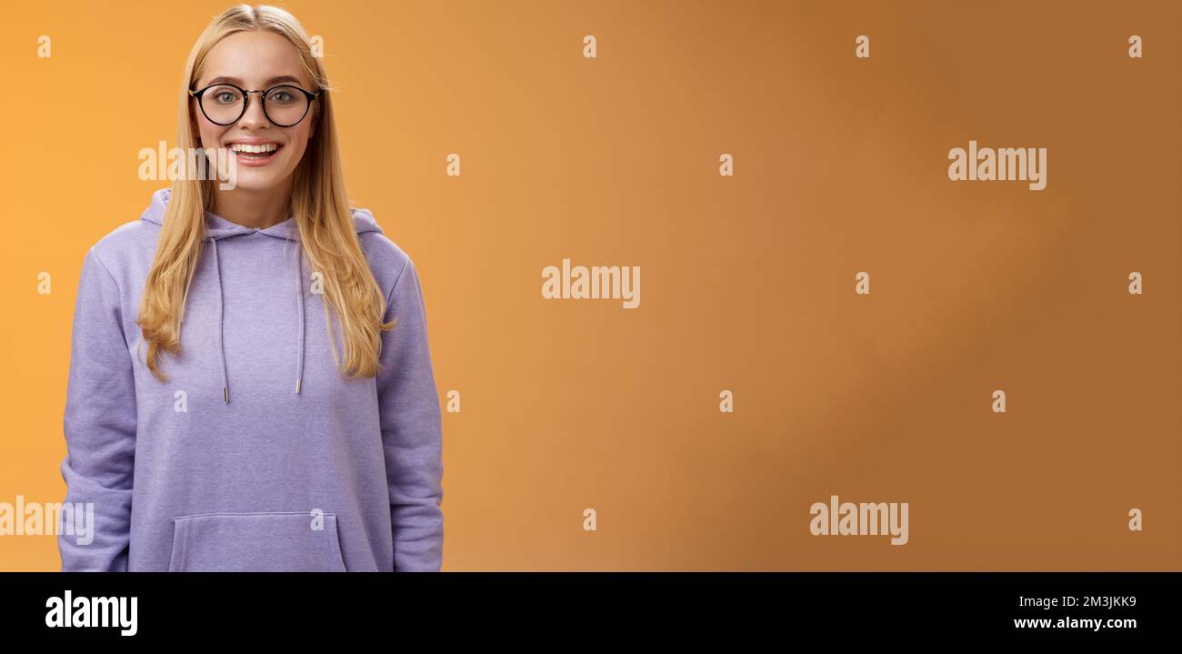 Charming female student geek smiling energized wanna participate ...