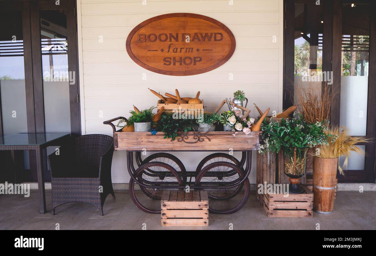 The vegetable car in front of the shop called Boon Rawd shop at Boon ...