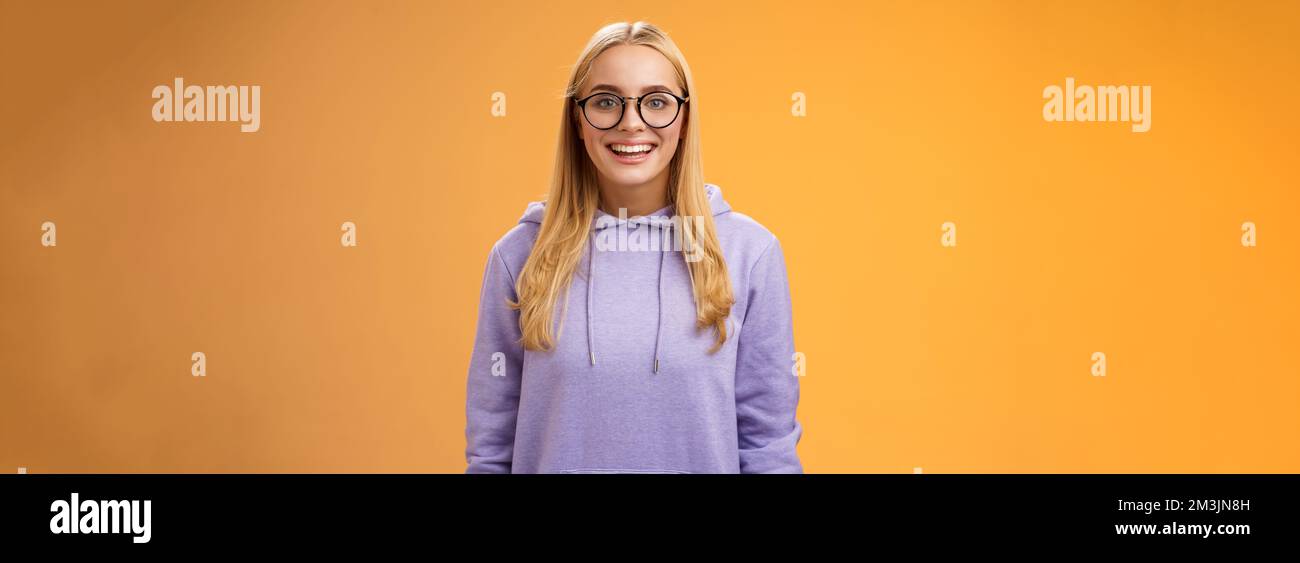 Charming female student geek smiling energized wanna participate ...