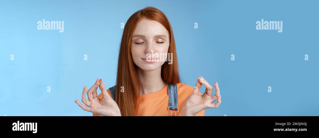 Keep calm redhead relaxed girl stay relieved positive close eyes ...