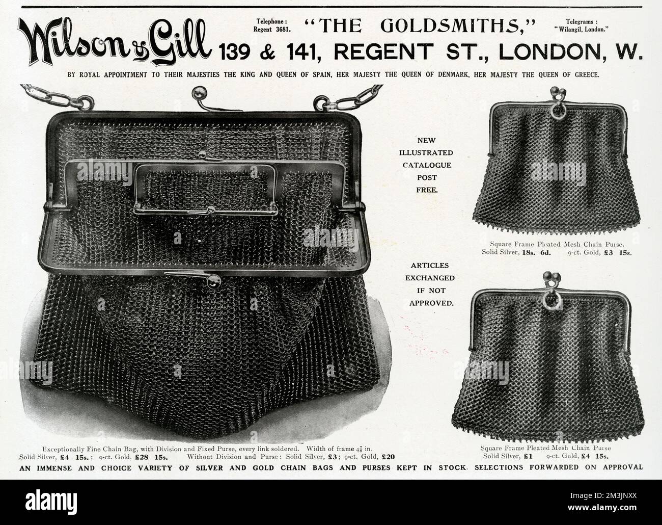 Advert for Wilson & Gill women's mesh chain bag & purse 1913 Stock ...