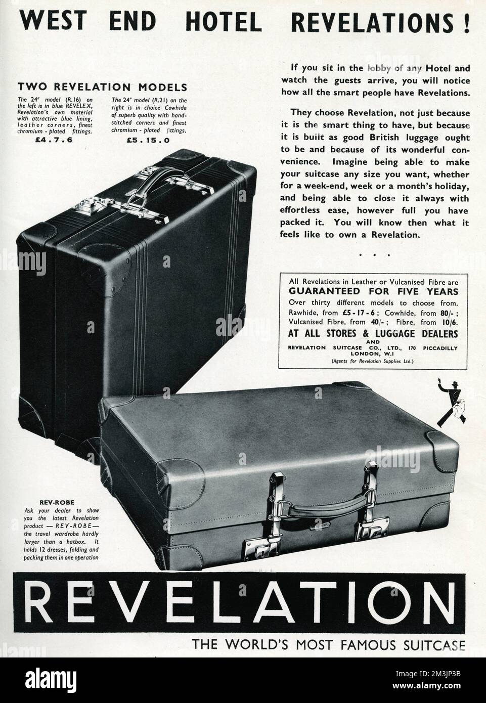 Advertisement for 'Revelation' leather suitcases with chromium-plated ...