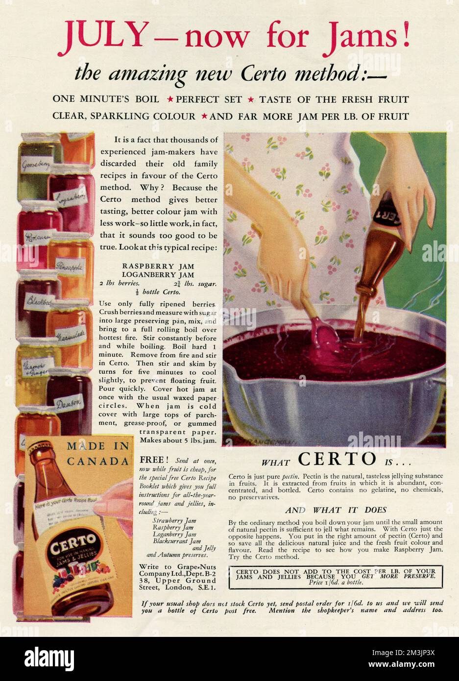Advert for Certo for making home made Jam 1932 Stock Photo - Alamy