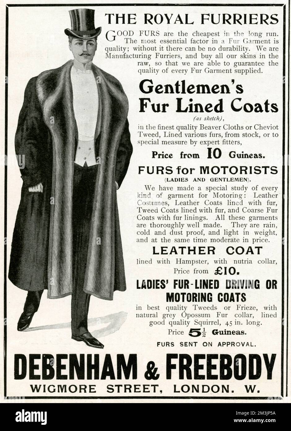 Advert for Debenham & Freebody men's fur lined coats 1905 Stock Photo ...