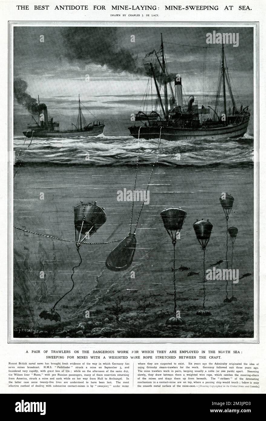 A pair of trawlers sweeping for mines in the North Sea with a weighted ...