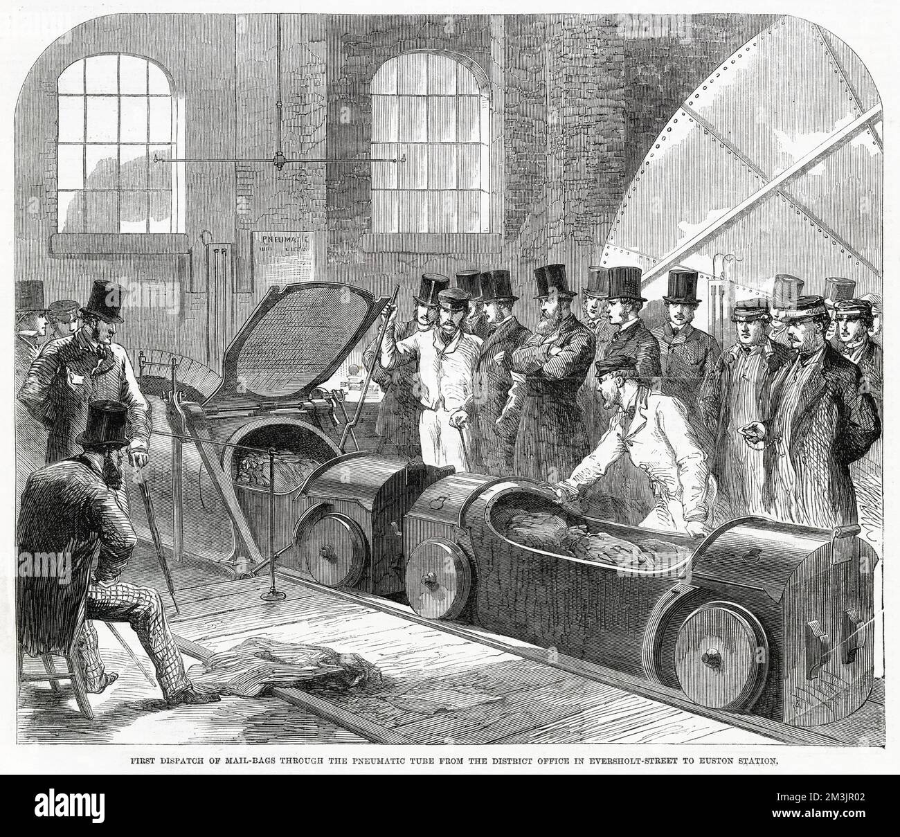 First dispatch of mail-bags by pneumatic tube 1863 Stock Photo - Alamy