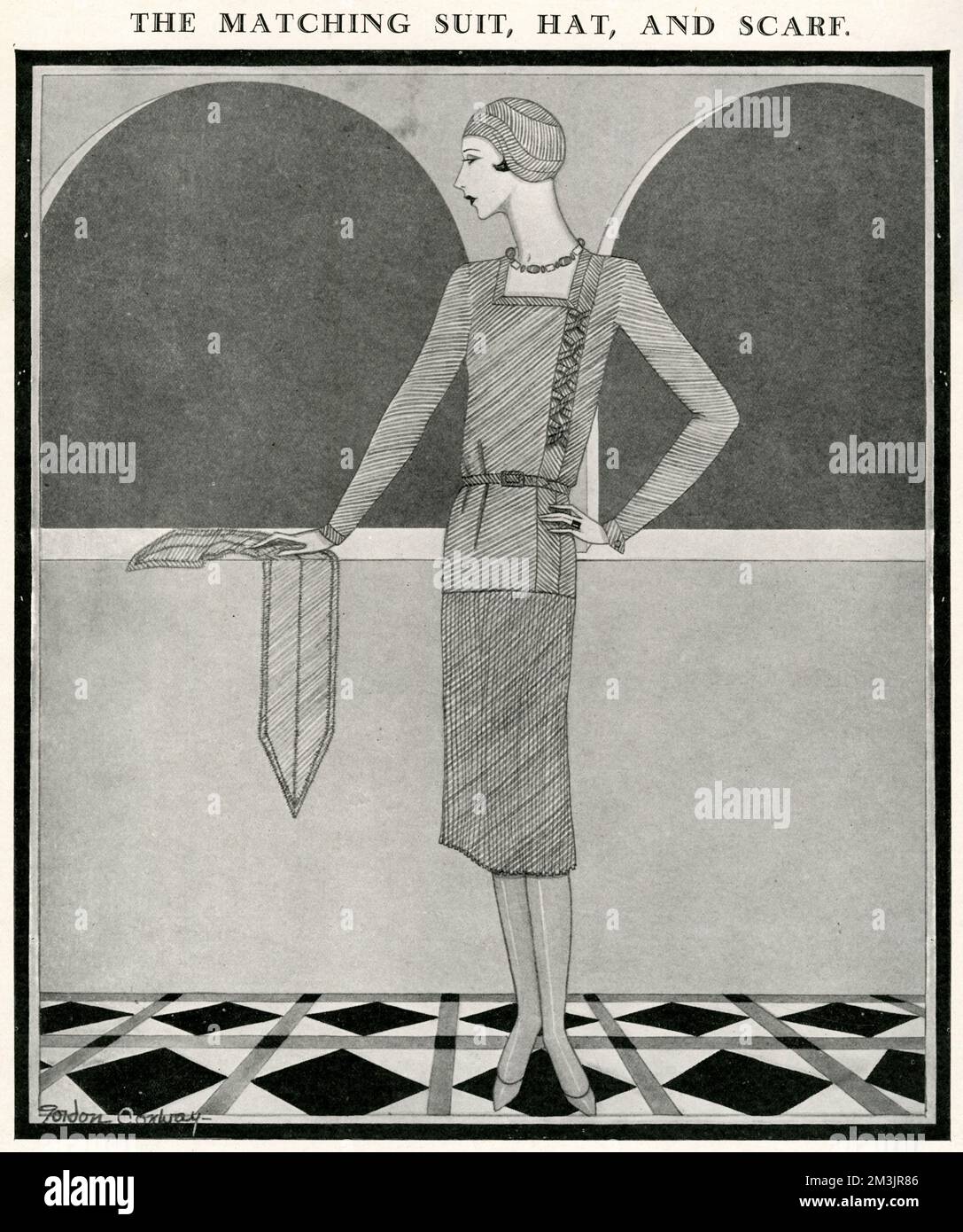 Matching jersey suit in tweed in a diagonal stripe. Waist-line has ...