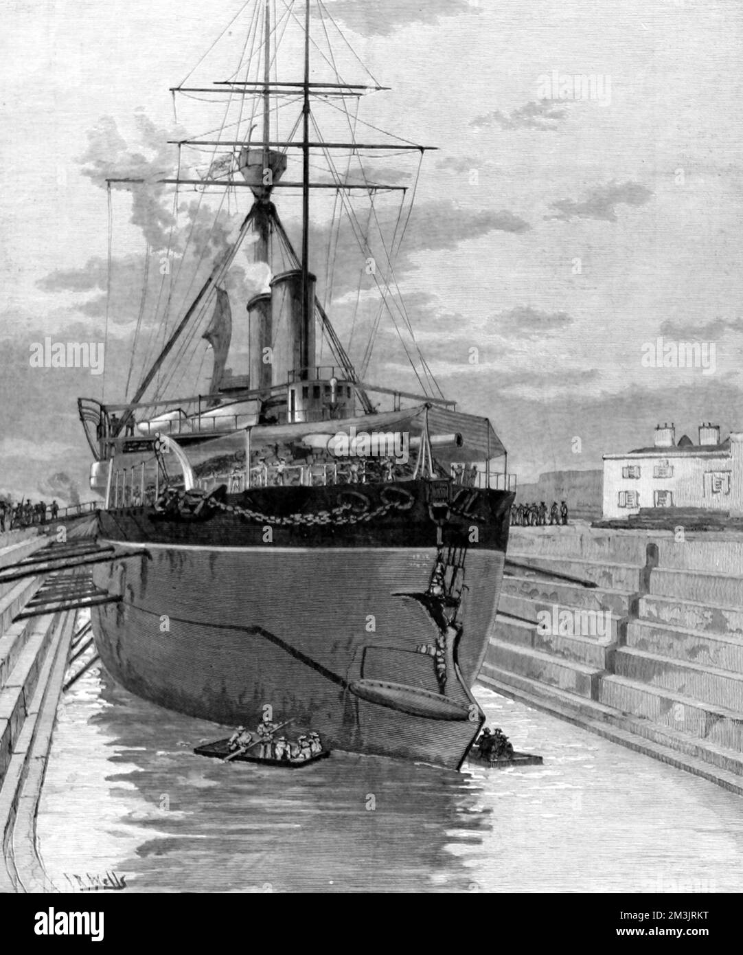 View of H.M.S Camperdown after the collison, in dry dock for Stock ...