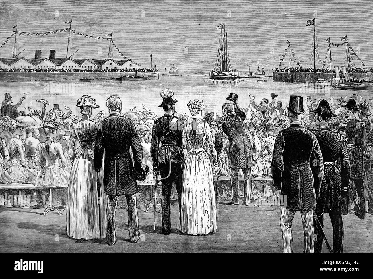 The 'Alberta', with Queen Victoria on board, breaking the ribbons and ...