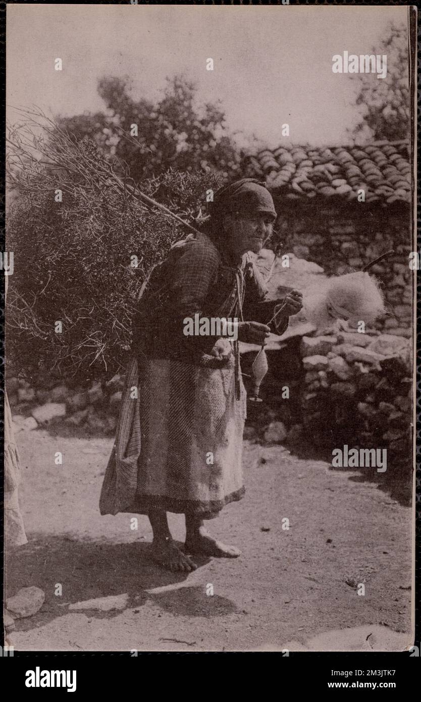 An old woman spinning using a spindle with branches on her back , Older ...