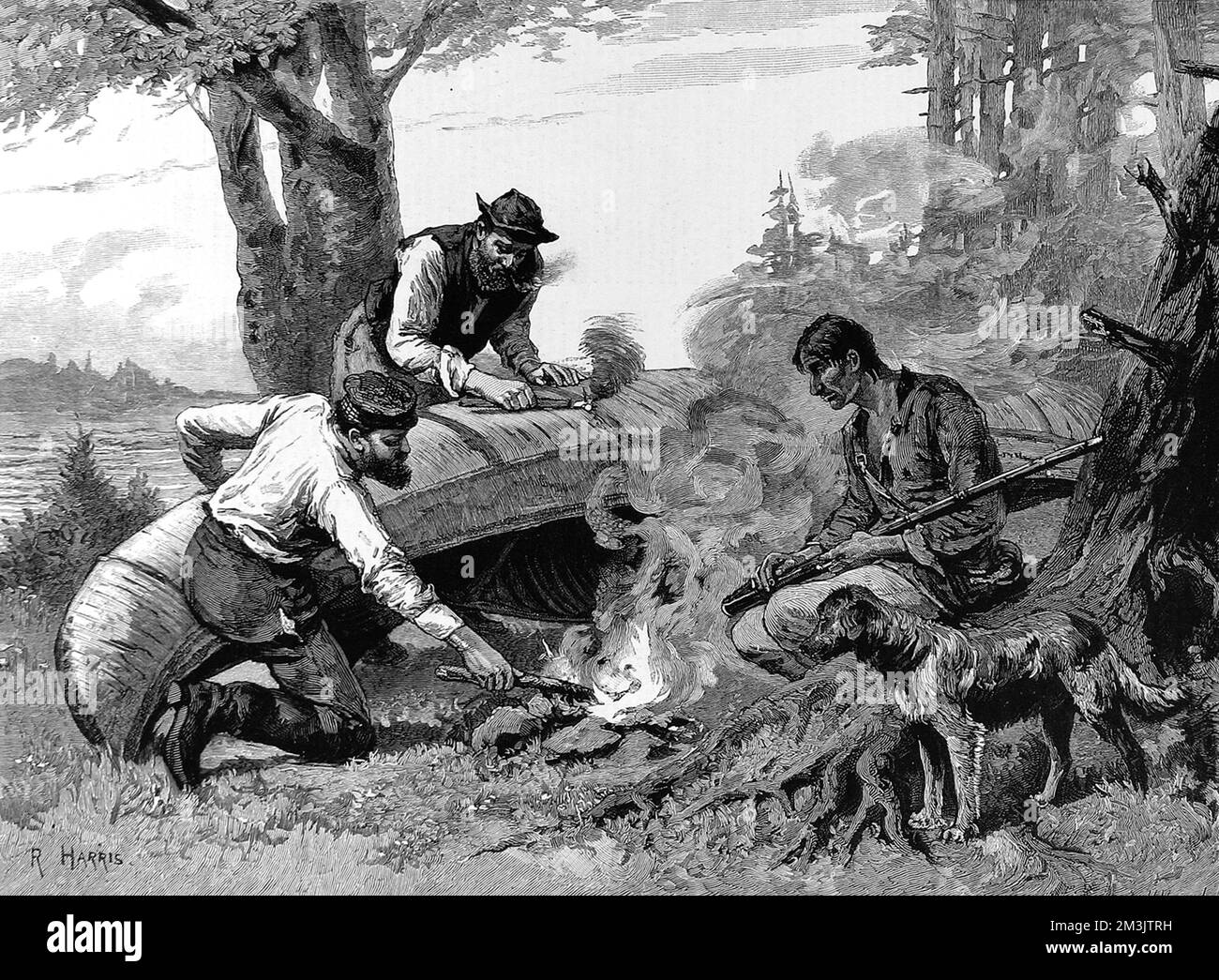 Engraving of three frontiersmen mending their canoe with hot wax or gum ...