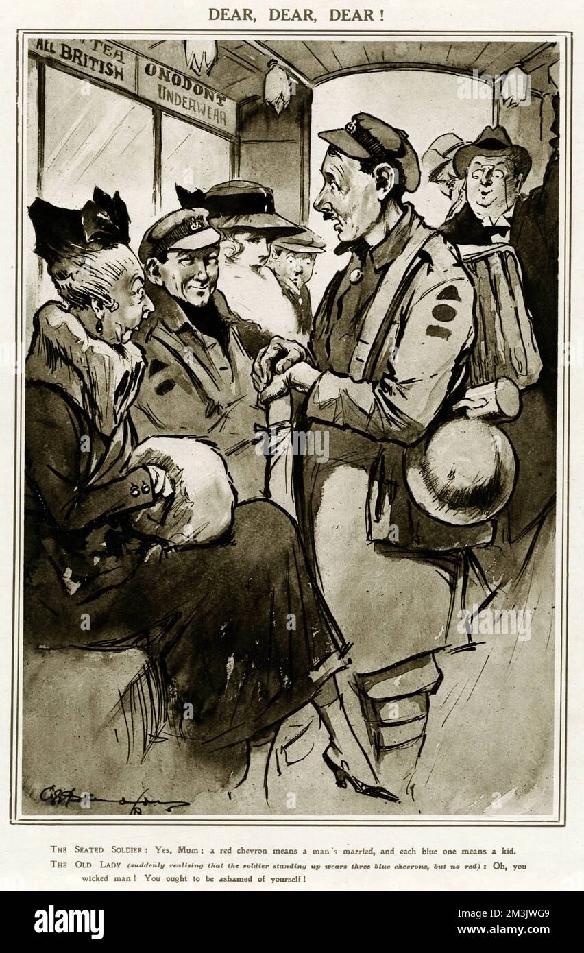 The seated soldier: Yes, Mum; a red chevron means a man's married, and ...