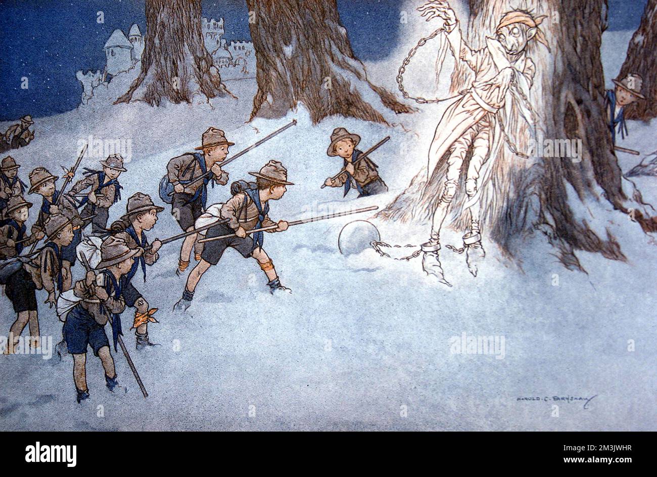 Colour illustration by Harold Earnshaw showing a group of boy scouts ...