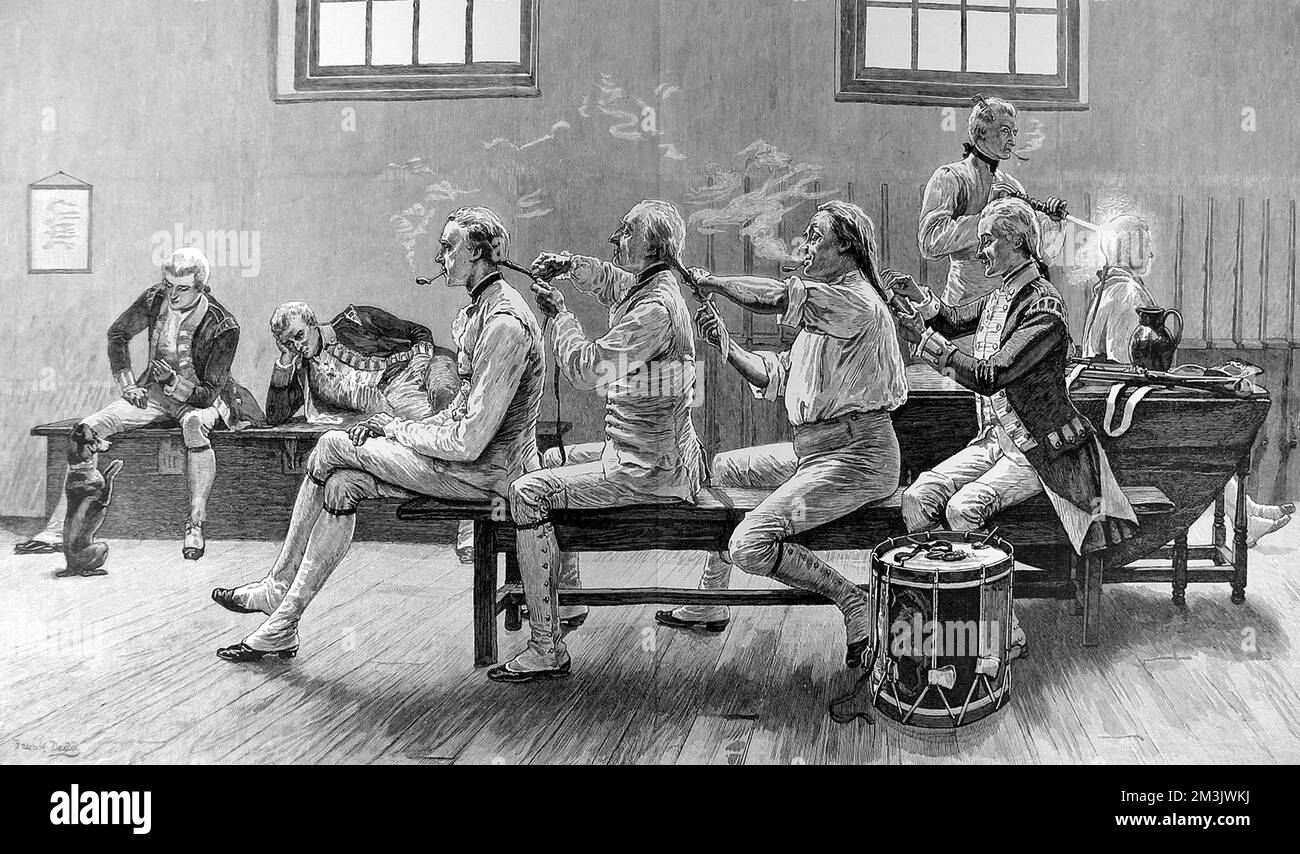 A group of naval men or soldiers braiding and powdering their hair in a ...