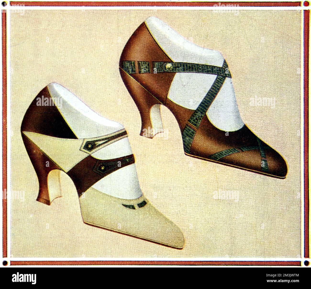 A colourful illustration of two leather shoe designs. The left shoe was ...