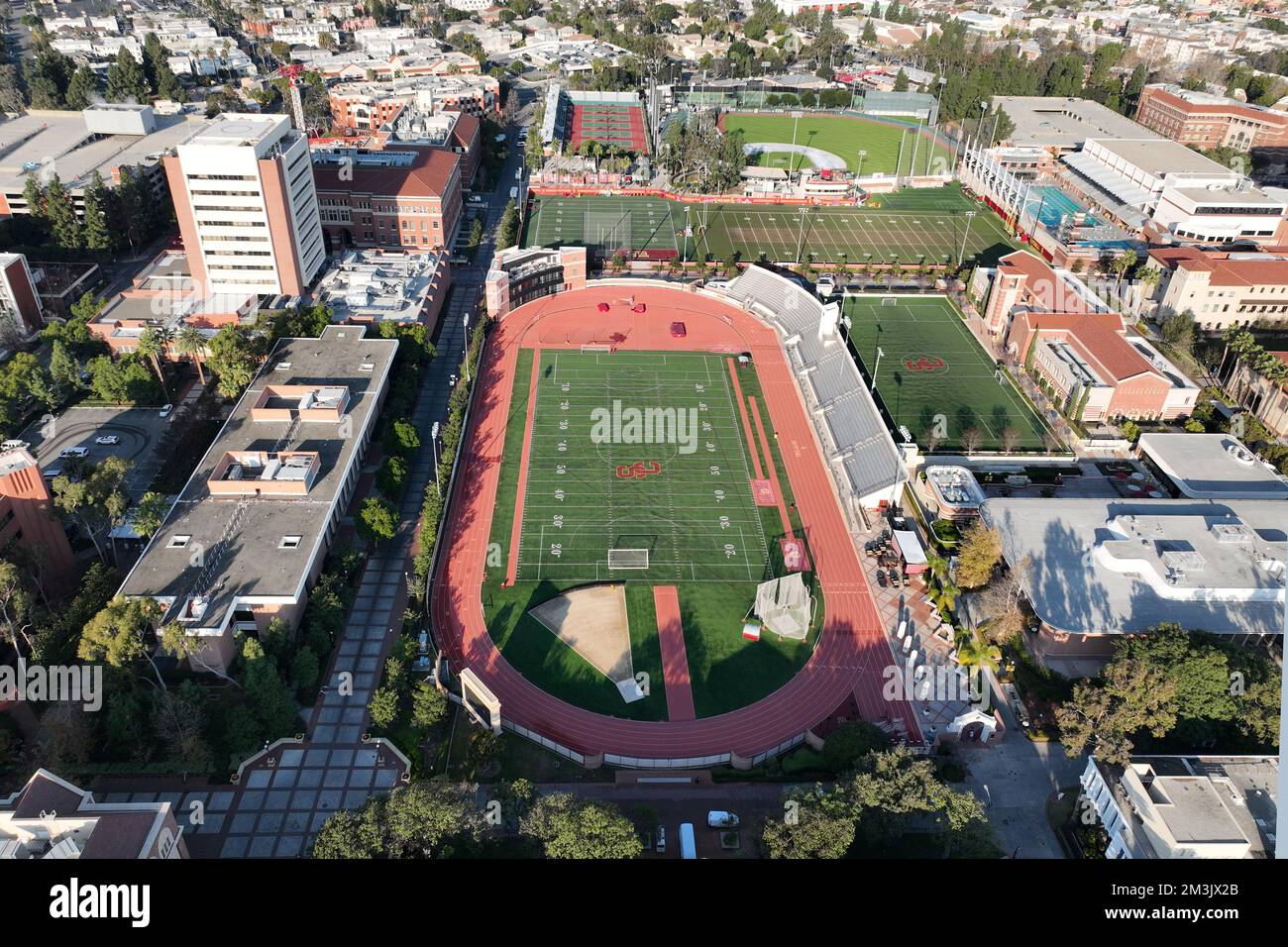 A general overall aerial view of Cromwell Field, Loker Track Stadium ...