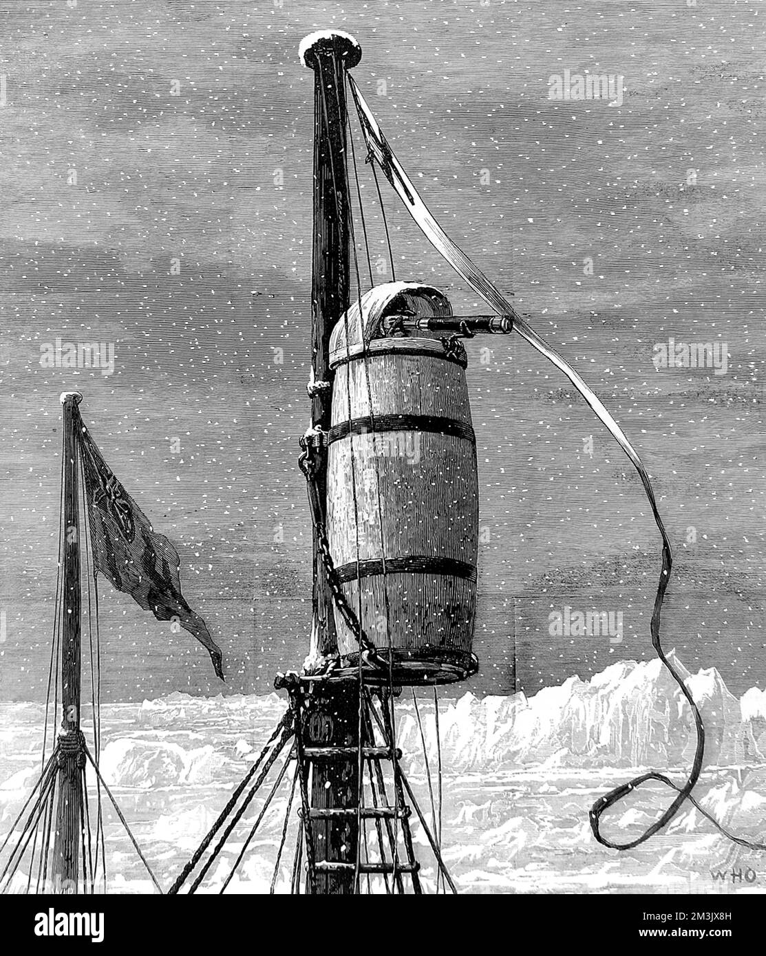 Look-out or 'Crow's Nest' at the top of the main-mast of HMS 'Alert ...