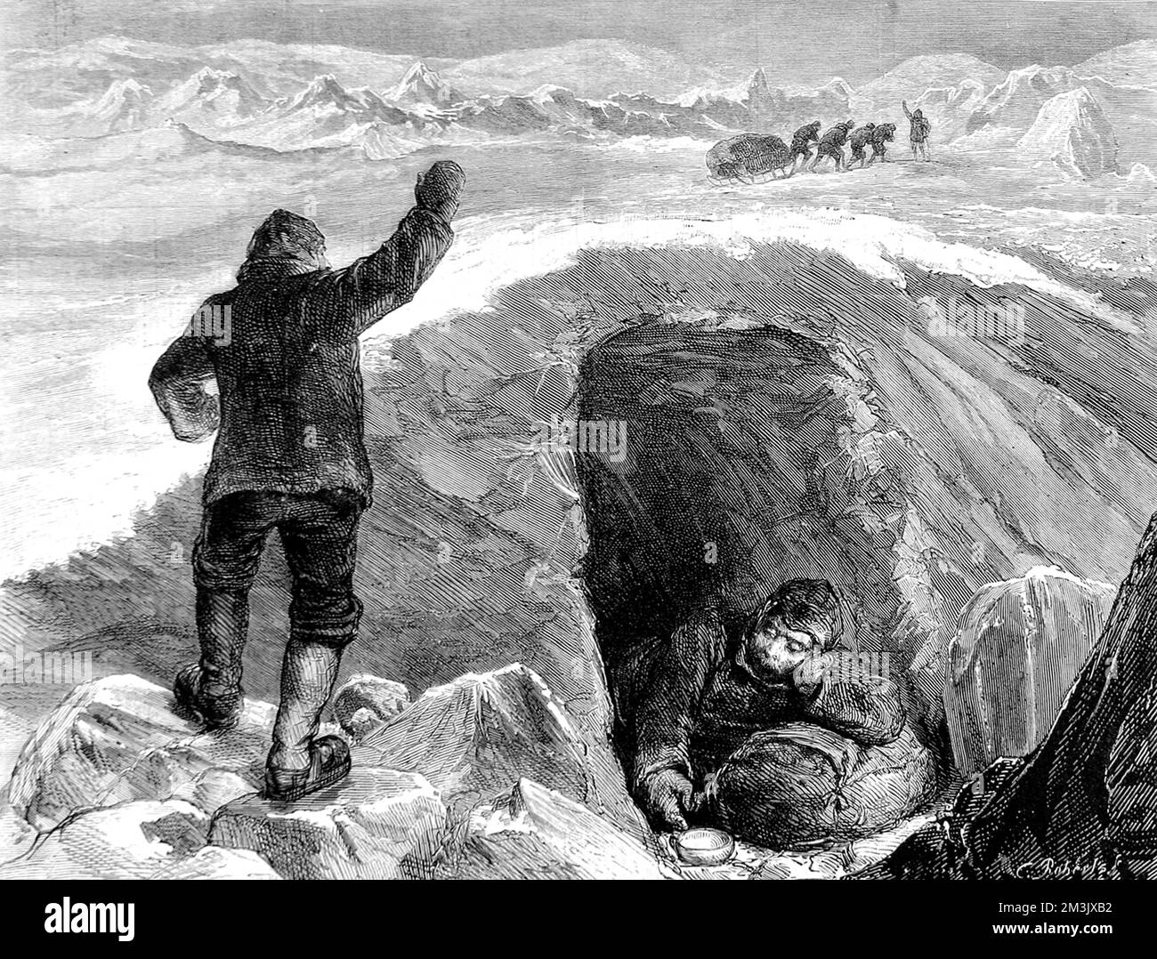 Sledge party leaving an invalid in an ice cave, British Arct Stock ...
