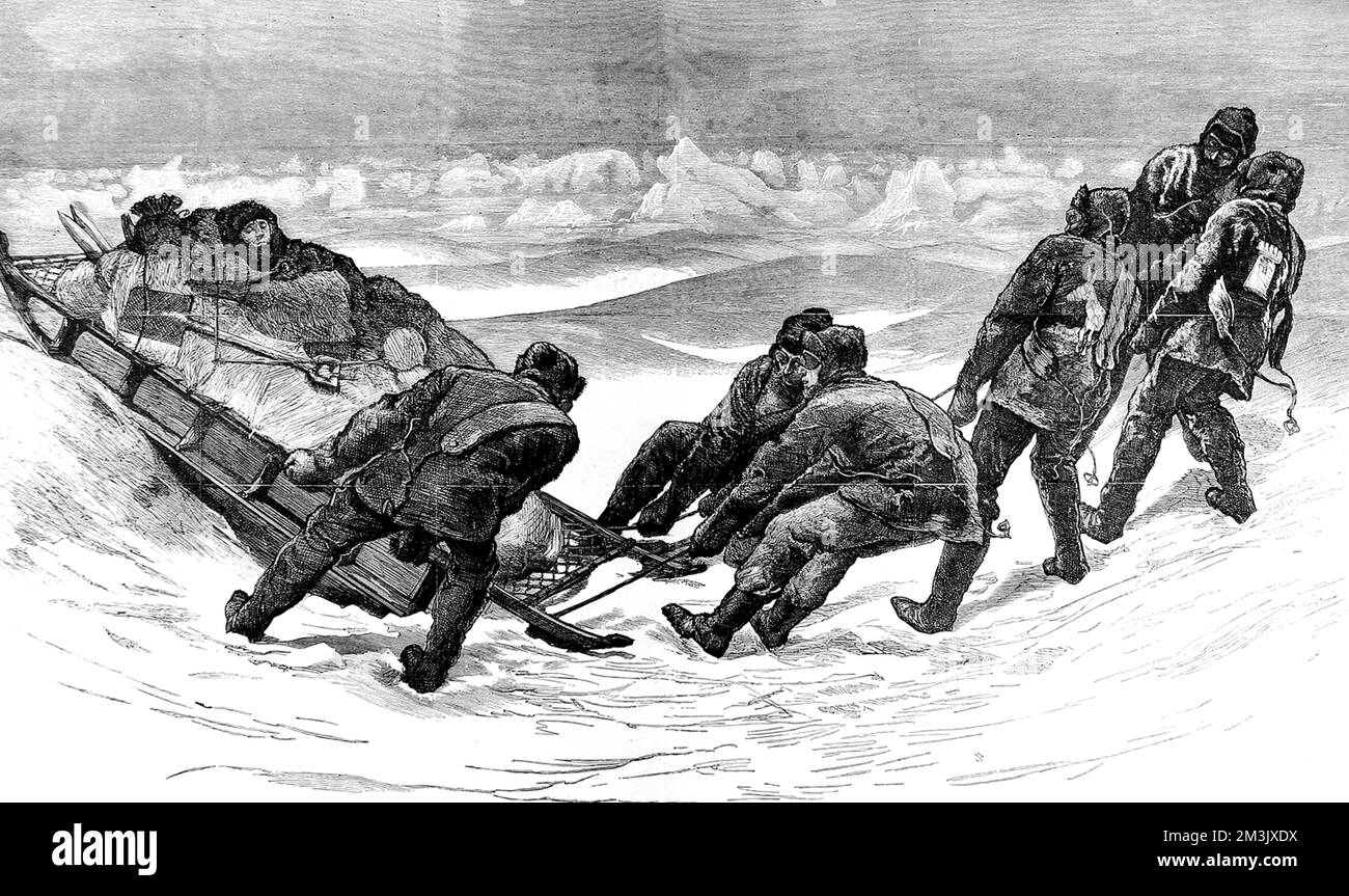Engraving showing a sledging party hauling their sledge and invalided ...